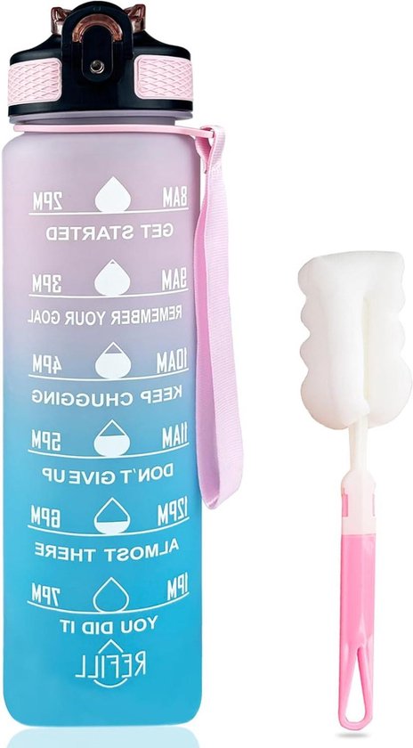 Waterfles Sport met tijdmarkering en rietje - 1 liter Tritan drinkfles ...