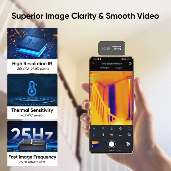 Mini warmtebeeldcamera met Android, 256x192 IR-resolutie, 25Hz, 50 ...