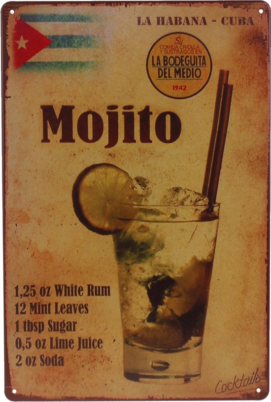 Metalen Plaatje - Mojito Cocktail - La Habana Cuba - 20x30cm | bol