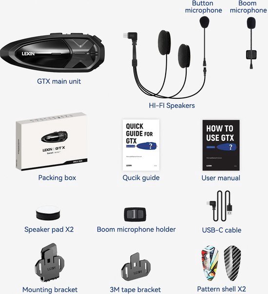 Lexin - GTX 1 - Motorfiets Intercom - Motorhelm - Bluetooth - Headsets ...