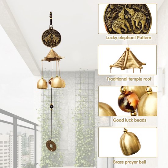 Vintage Metalen Windgong met Olifant - Feng Shui Geluksbrenger voor ...