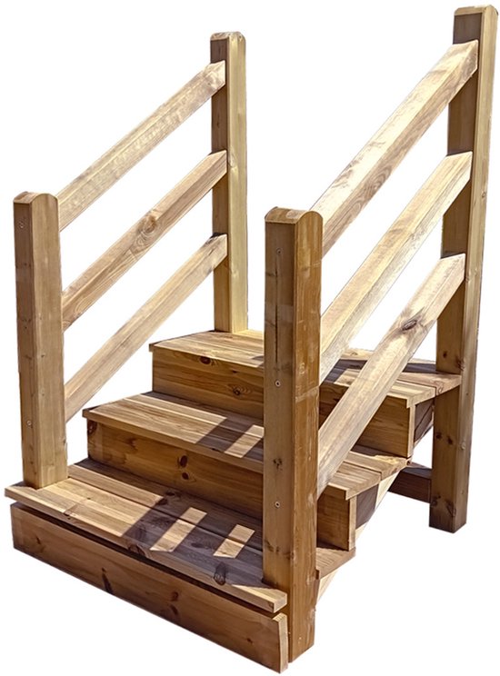 Vrijstaande buitentrap met trapleuning hout beide zijden - palen ronde ...