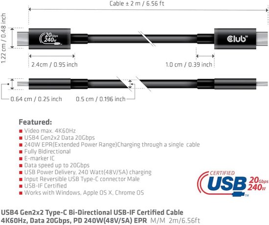 USB4 Kabel Type-C Bi-directioneel 20Gbps Data, 240W Opladen, 4K 60Hz ...