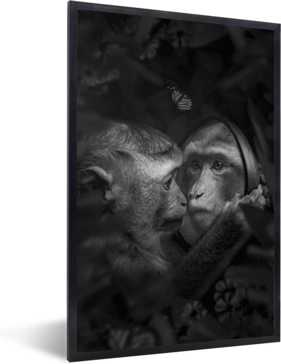 Fotolijst incl. Poster Zwart Wit- Aap met een spiegel in de jungle ...