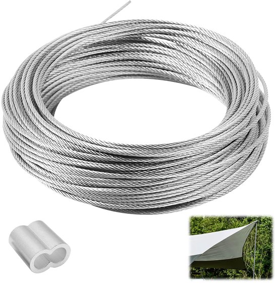 50m Rvs Draad Kabel - 1mm Stalen Kabelset met 30 Aluminium Krimpkappen ...