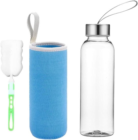 Allecto Premium - Glazen drinkfles met nylon tas voor onderweg - Blauw ...