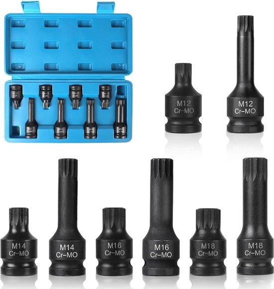 Set van 8 socket wrenches XZN 1/2 inch - M12 - M14 - M16 - M18 - 12 bit ...