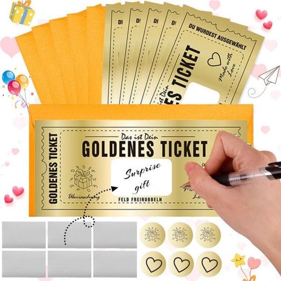 6-pack gouden ticket - kraskaart met envelop - gepersonaliseerde gouden ...