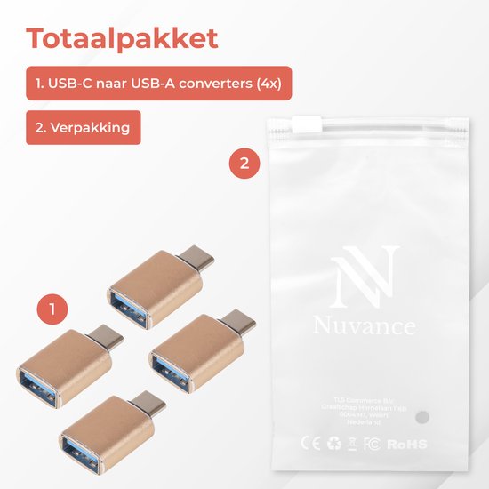 Nuvance USB C naar USB A Converter - Hub - Set van 4 - Universele USB ...