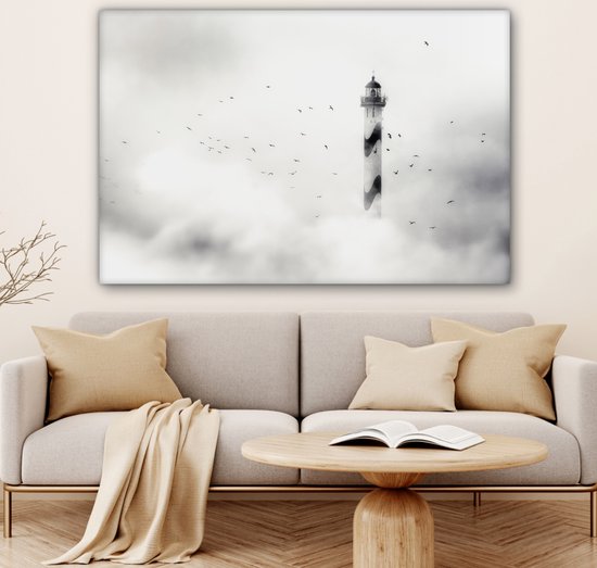 Canvas - Vuurtoren - Wolken - Vogels - Wanddecoratie - 140x90 cm - Canvas doek -... | bol