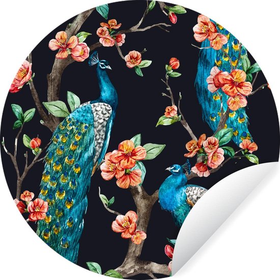 WallCircle - Muurstickers - Behangcirkel - Patronen - Pauw - Bloesem - Zwart - 100x100... | bol.com