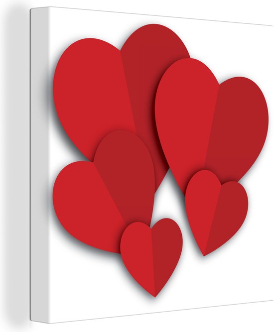 Canvas Schilderij Een tekening van vijf rode hartjes - 90x90 cm ...