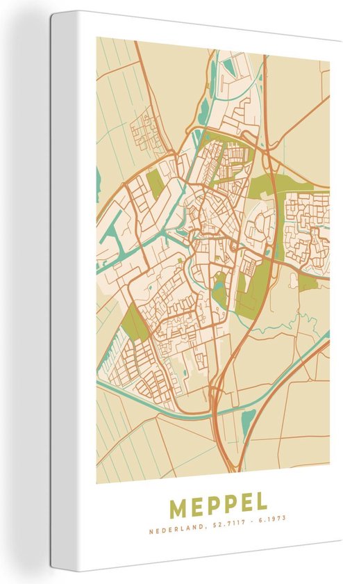 Canvas Schilderij Kaart - Meppel - Vintage - 20x30 cm - Wanddecoratie | bol