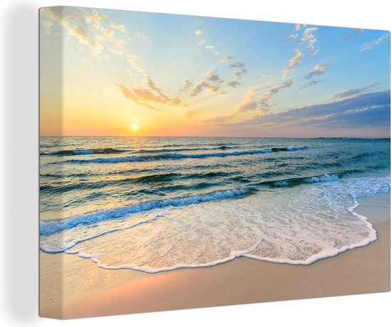 Canvas Schilderij Strand - Zee - Zonsondergang - Golf - 150x100 cm - Wanddecoratie | bol.com