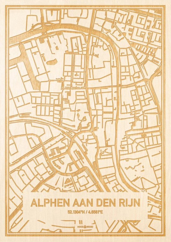 Kaart Alphen aan den Rijn - Gegraveerde stadskaart Hood&Wood - Hout, A4 ...
