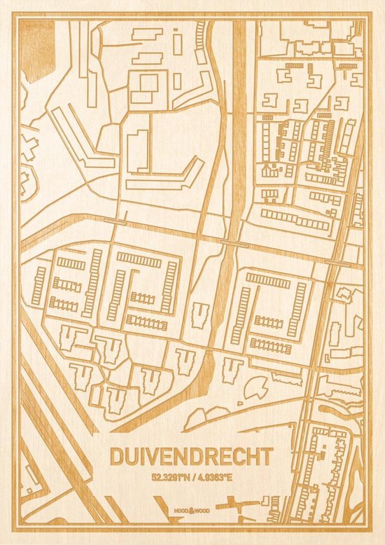 Kaart Duivendrecht - Gegraveerde stadskaart Hood&Wood - Hout, A4 | bol.com