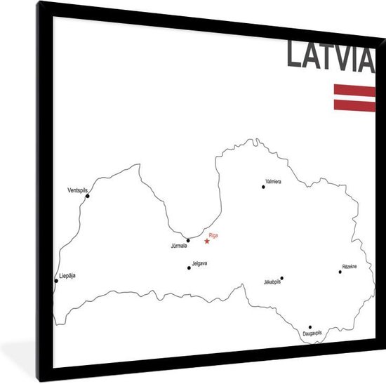 Fotolijst incl. Poster - tekening van de kaart van Letland met Riga ...