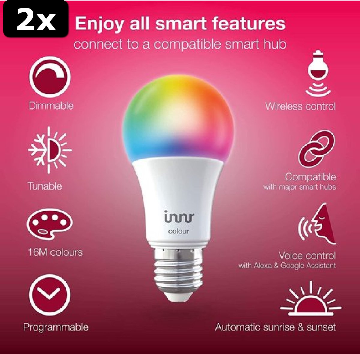 2x Innr Smart lamp E27, LED-lamp RGBW, werkt met Philips Hue*, Alexa ...