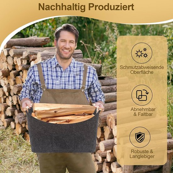 Houten mand voor haardhout - 90 liter - zwart - vilt - 60 x 40 x 40 cm ...