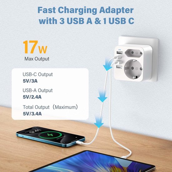 6-in-1 Engelse Stopcontact Adapter met 3 USB en 1 USB-C - Geschikt voor ...
