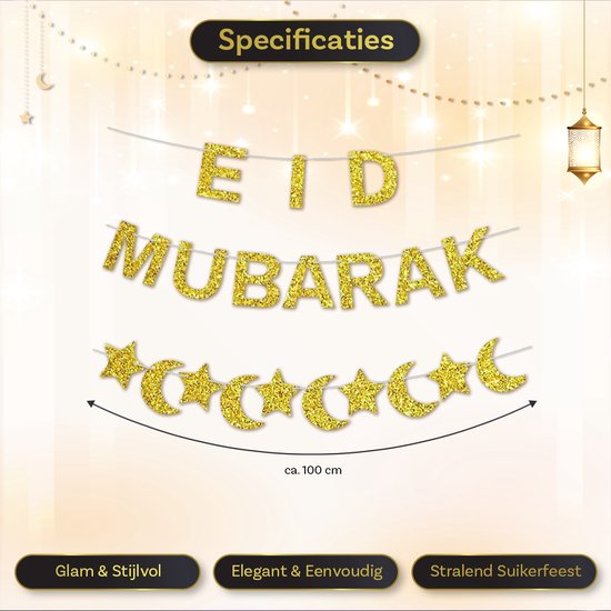 LUQ – Slinger Eid Mubarak – Goud Glitter – Luxe Islamitische Feest ...