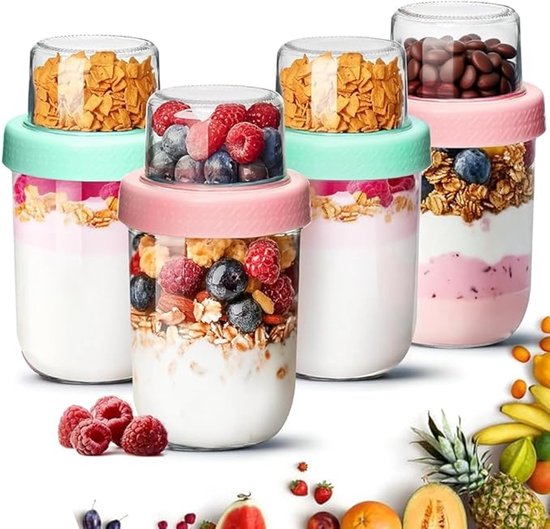 Set van 4 Overnight Muesli Cups – 480 ml + 120 ml, Dubbelwandige ...