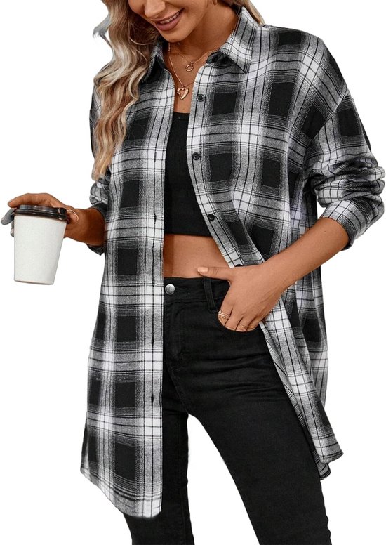 Oversized Geruite Flanellen Blouse met V-hals voor Dames | bol