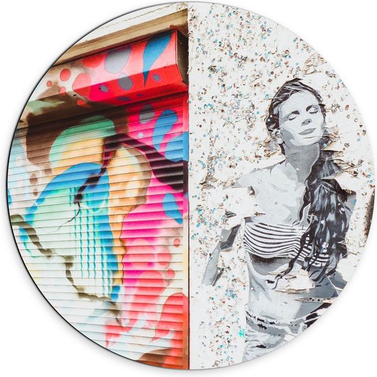 Dibond Wandcirkel - Vrouw en Confetti Getekend op de Muur bij Garage ...