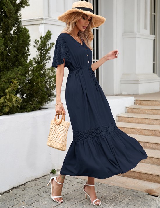 Zomerjurk Dames Maxi-jurk Korte Mouw Casual V-hals Boho Lange Jurk Donkerblauw M | bol