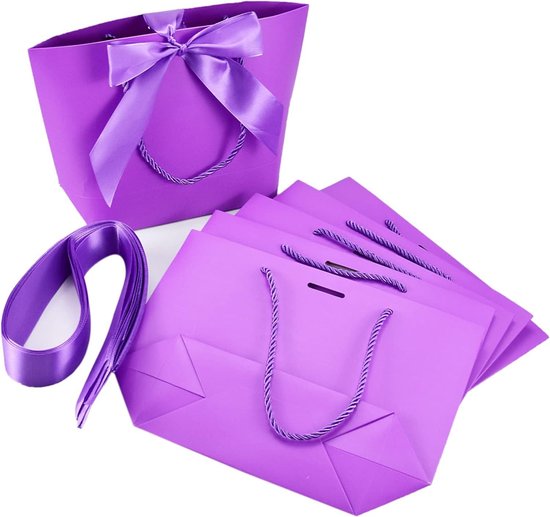Paarse papieren geschenkzakjes met handgrepen en striklint - 12 stuks ...