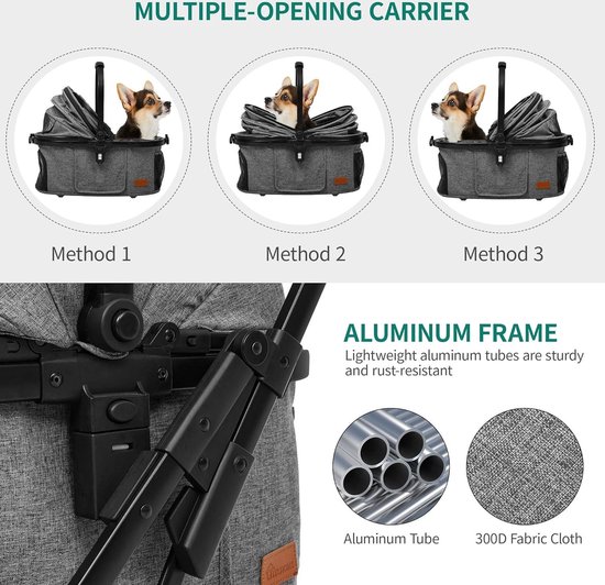Opvouwbare 3-in-1 Kattenwandelwagen met Afneembare Draagmand - Grijs ...