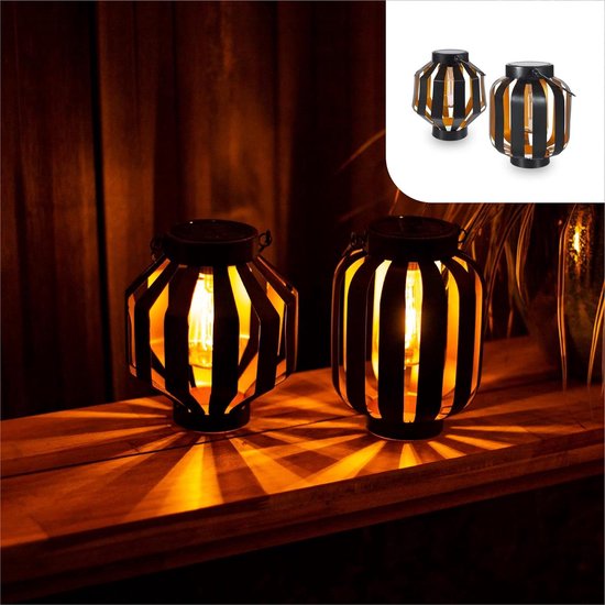 Tuinverlichting op Zonne-Energie Zwart/Goud Set van 2 Lantaarns - Led-Verlichting voor... | bol