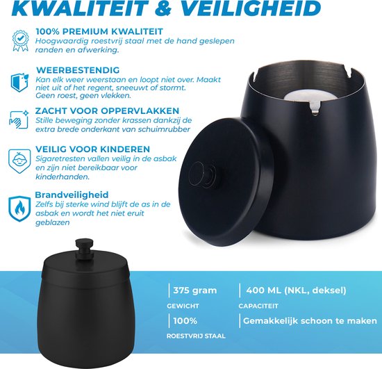 Asbak - Asbak voor buiten - Met deksel - RVS - Zwart | bol