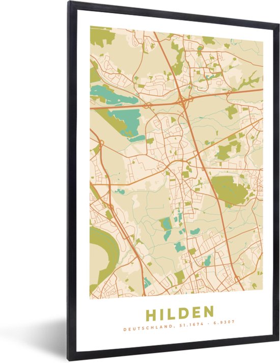 Fotolijst incl. Poster - Hilden - Vintage - Kaart - Stadskaart ...
