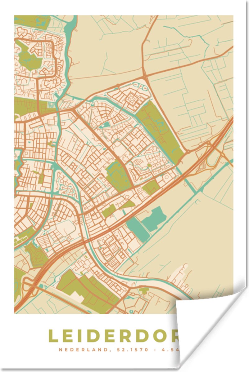 Poster Kaart - Vintage - Stadskaart - Leiderdorp - Plattegrond - 80x120 ...