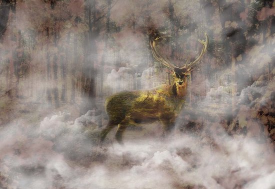 Fotobehang - Vlies Behang - Gouden Hert in Mistig Bos - 254 x 184 cm | bol