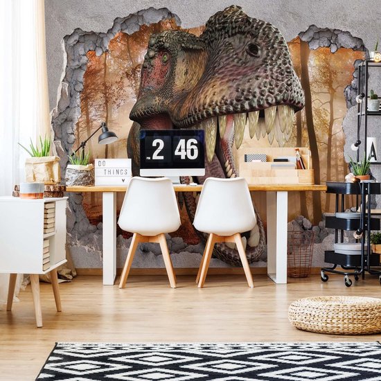 Fotobehang - Vlies Behang - 3D Dino uit de Muur - Dinosaurus - 520 x ...