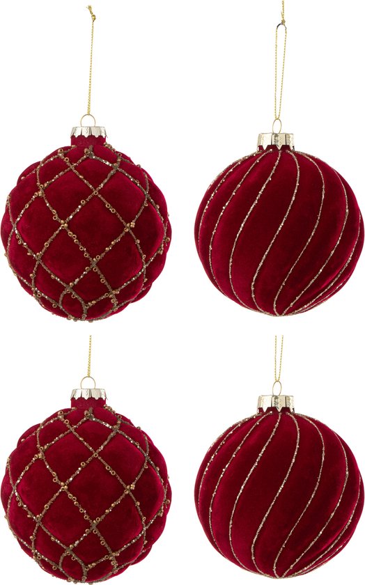 J-Line kerstbal Lijnen/Geruit - fluweel - rood/goud - doos van 4 | bol