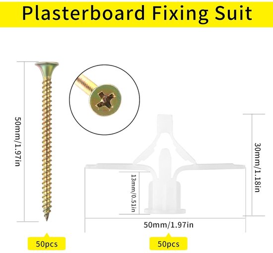 Gipsplaatpluggen - Set van 50 pluggen en 50 schroeven - 100 stuks ...