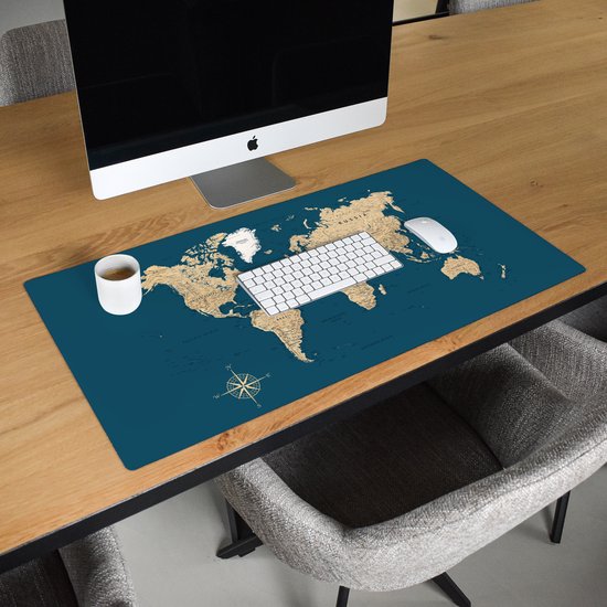 Bureau onderlegger 90x45 cm - Wereldkaart - Donkerblauw - Beige ...