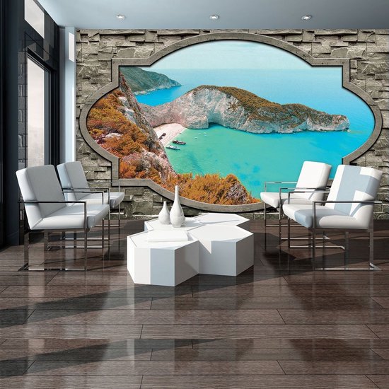Fotobehang - Vlies Behang - 3D Raamzicht Navagio Beach Zakynthos ...