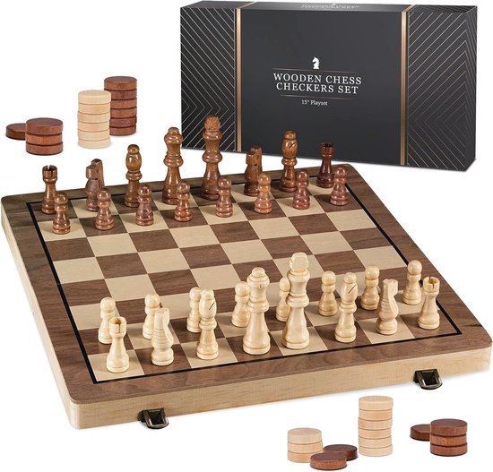 Houten Schaakset 15" met Extra Koninginnen - Schaak- en Dammenbord voor ...