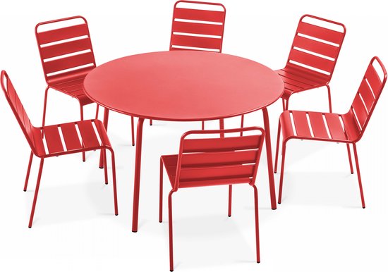 Oviala - Set van een ronde tuin tafel en 6 rode stoelen - Palavas | bol
