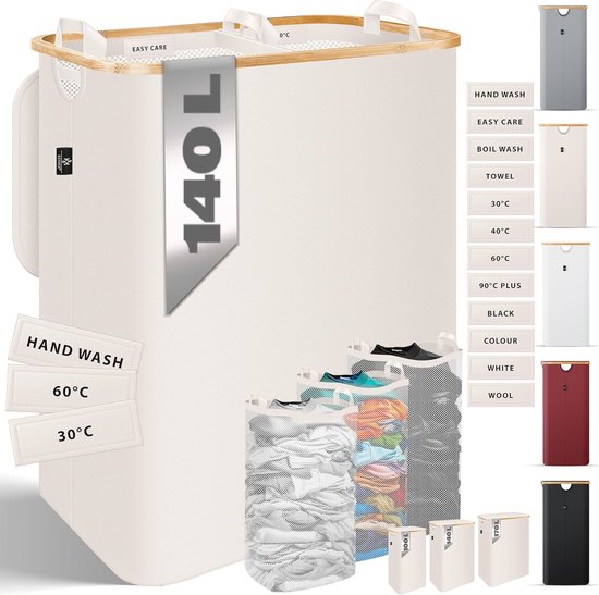 Opvouwbare Wasmand met Deksel en 3 Uitneembare Waszakken - 140 Liter, 2 ...
