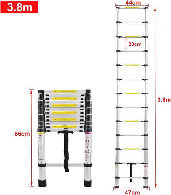 Multifunctionele Telescopische Ladder 3,8 Meter - Uitschuifbaar, 13 ...