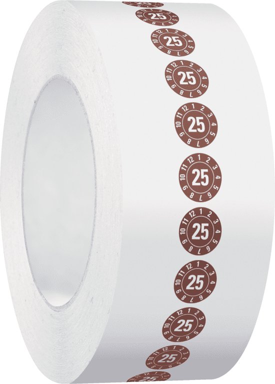 Keuringssticker met jaartal 25 op rol - bruin 15 mm - 1000 per rol | bol