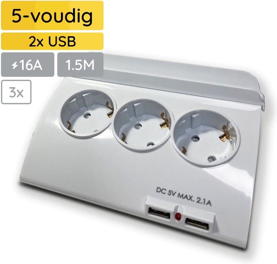Technik Stekkerdoos met USB en Schakelaar 1.5 Meter - 5-Voudig en 2x ...