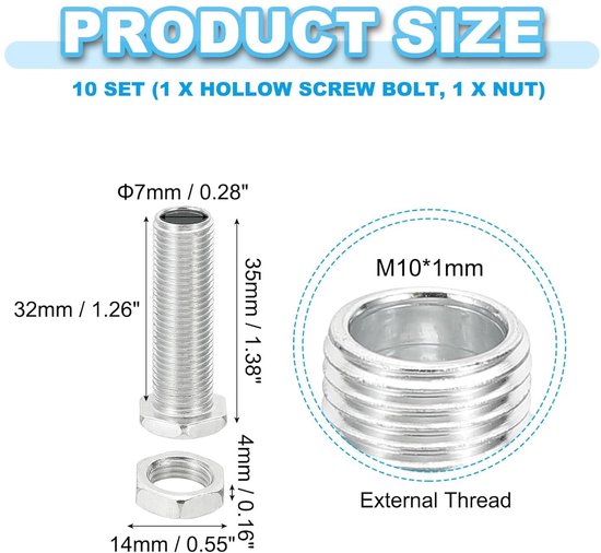 M10 x 35 mm zeskantschroeven en moeren, 10 stuks holle schroeven met ...