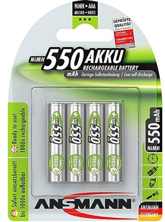 Oplaadbare AAA Batterijen 550 mAh NiMH - 4 Stuks met Lage Zelfontlading ...