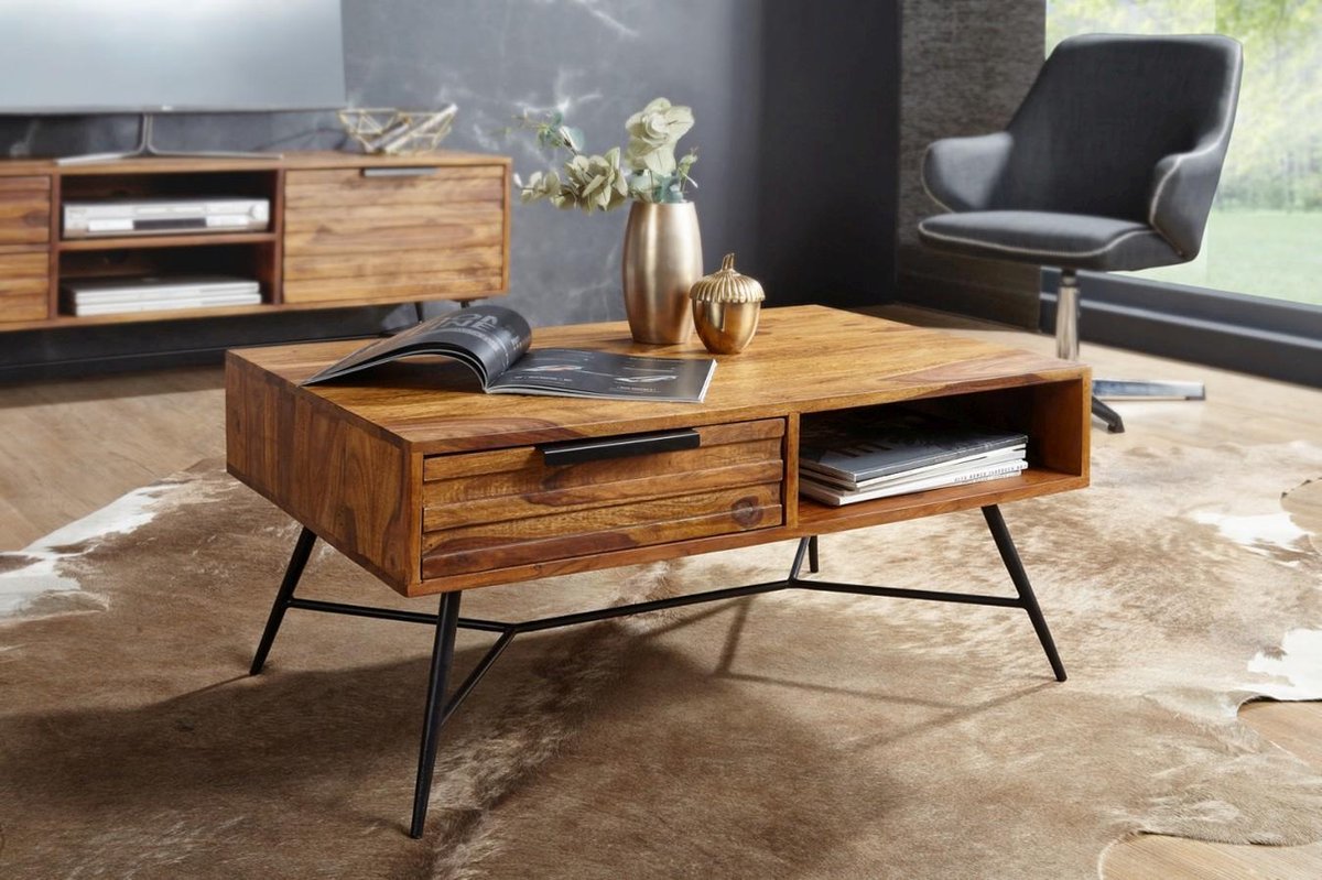 24Designs Ace Industriële Salontafel - L87 X B55 X H41 Cm - Sheesham ...